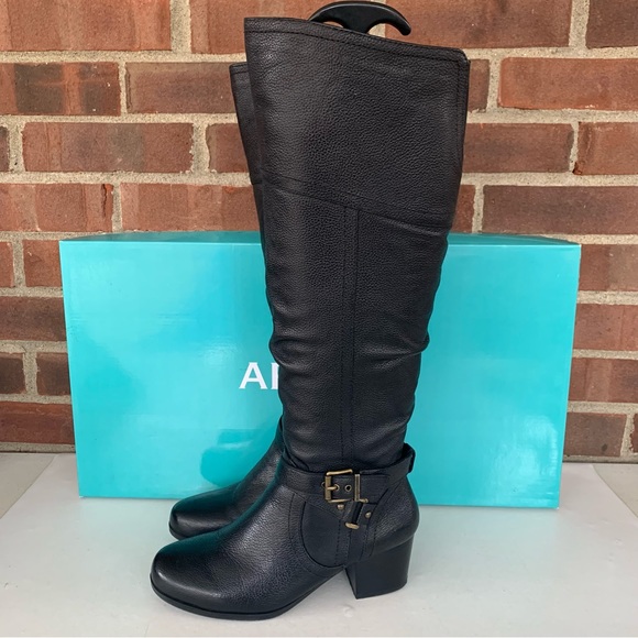 Array | Shoes | Array Dakora Black Leather Block Heel Knee High Boots ...